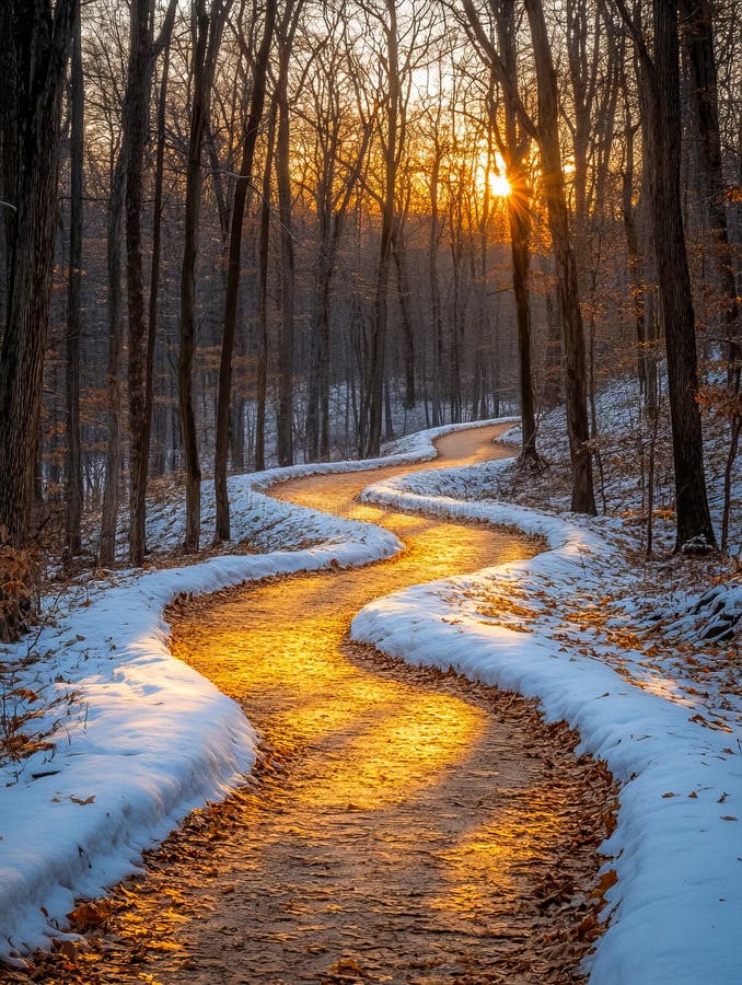 A Snowy Path in the Woods with the Sun Setting Behind it Stock Image ...