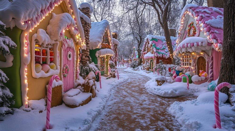 Snowy Pathway through a Candy-Themed Village Stock Illustration ...