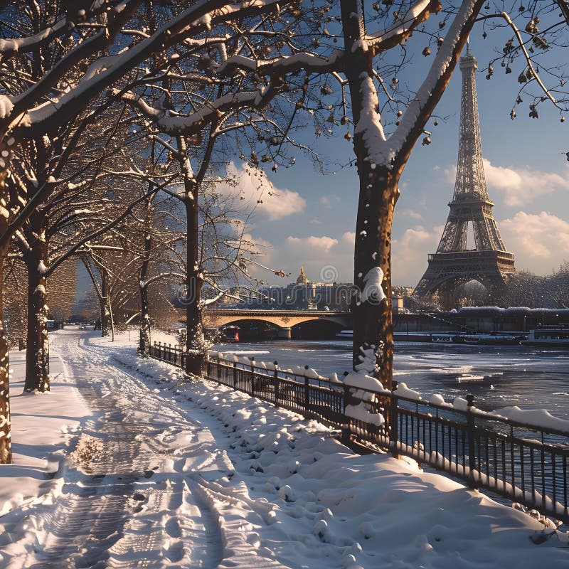 Snowy Pathway with Eiffel Tower Stock Illustration - Illustration of ...
