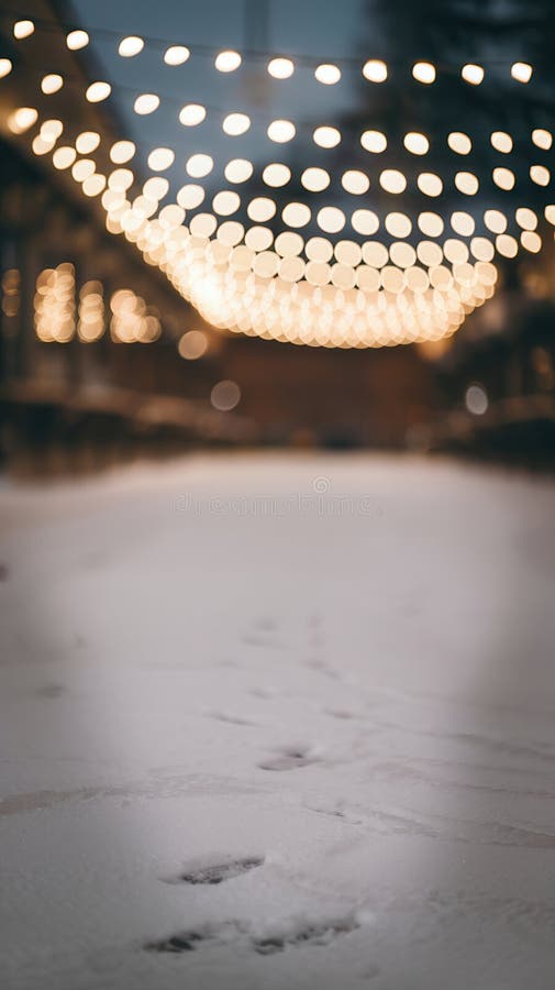 Snowy Pathway with Footprints and Overhead String Lights Stock ...