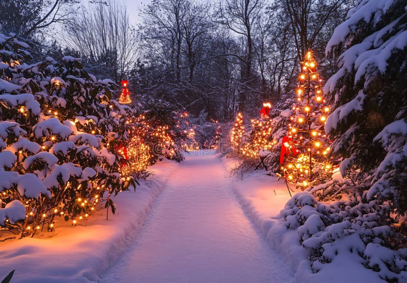 Snowy Pathway with Illuminated Christmas Trees and High Quality Image ...