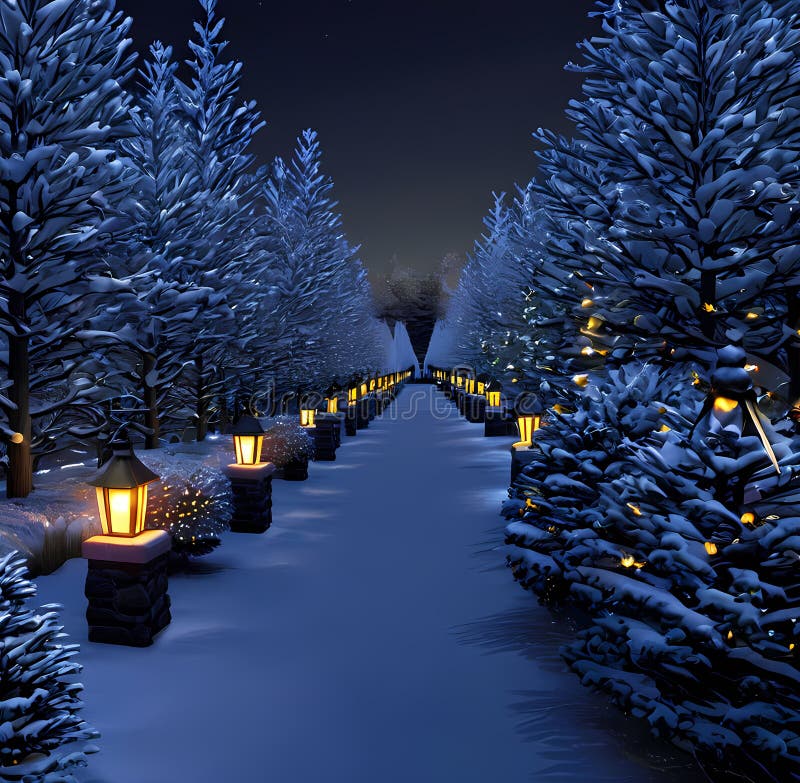 Snowy Pathway Illuminated by Lanterns at Night Stock Illustration ...