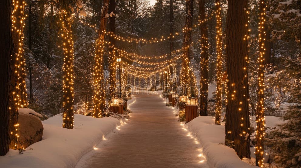 Snowy Pathway Lined with String Lights in a Forest Stock Illustration ...