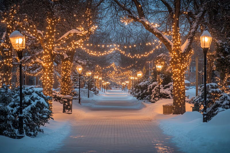 A Snowy Pathway Lined with Trees Adorned with Christmas Lights Stock ...