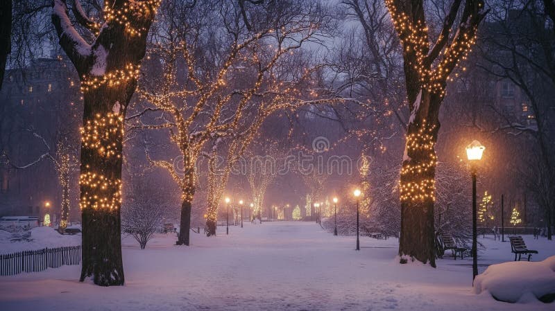 Snowy Pathway Lit by String Lights and Street Lamps in a Park Stock ...