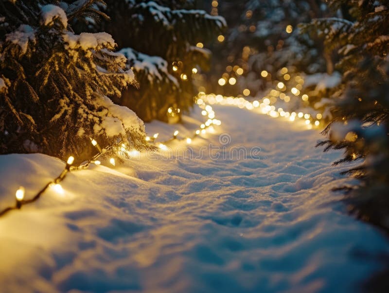 Snowy Path with Christmas Lights Stock Image - Image of frosty, serene ...