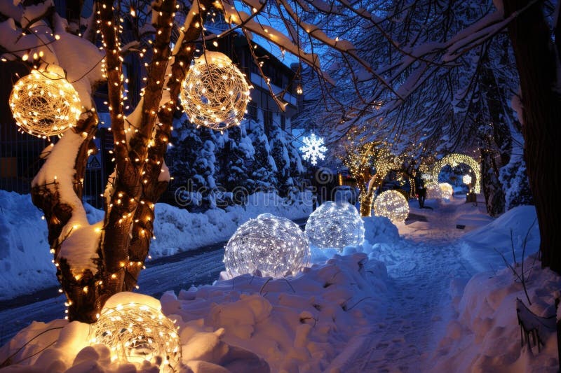 Snowy Pathway at Night Lit by String Lights Wrapped Around Orbs and ...