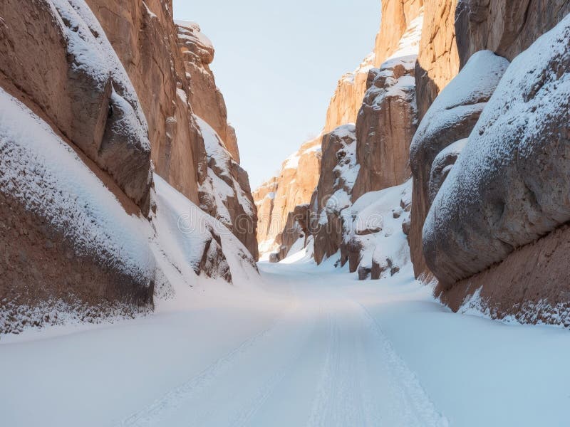 Snowy Pathway between Rocky Walls Under Soft Winter Light Stock Photo ...