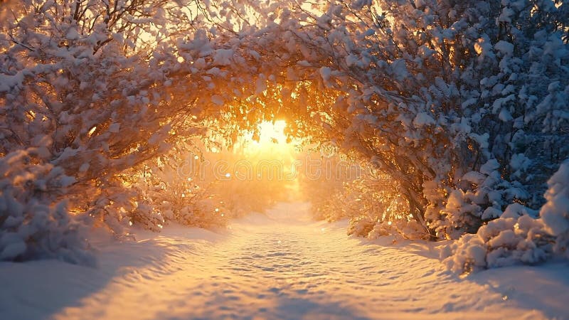 Snowy Pathway with Sunlight through Winter Trees at Sunrise Stock ...