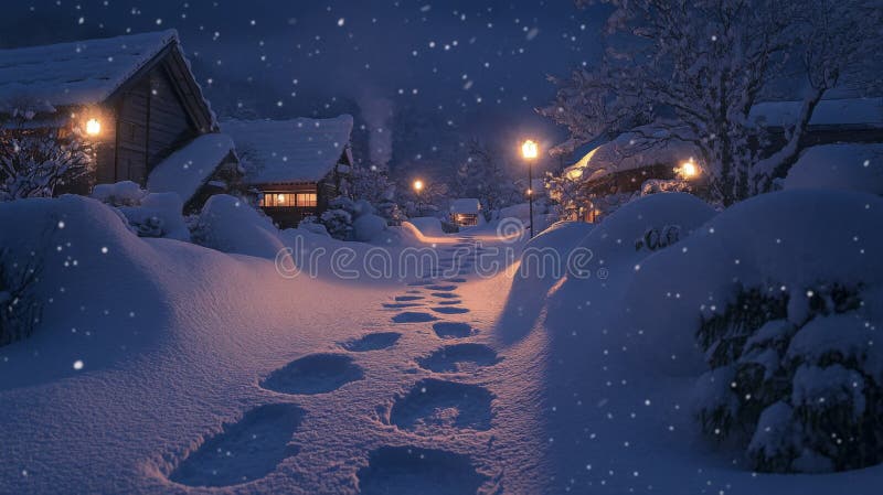 Snowy Pathway through a Village with Lanterns at Night Stock ...