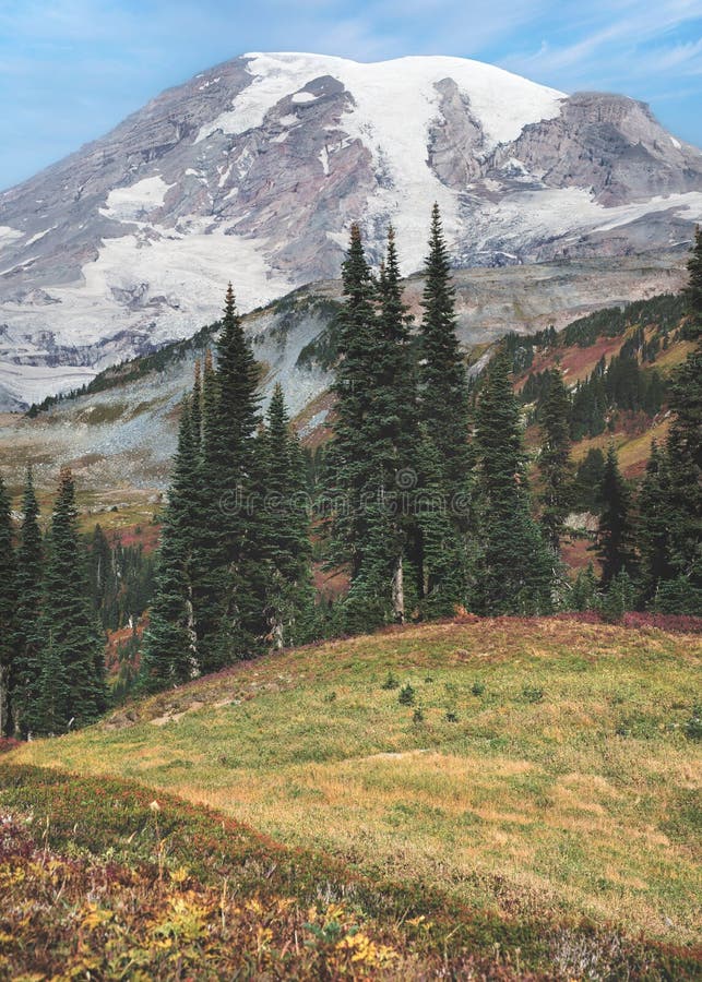 Snowy Peak of Mount Rainier with Autumn Landscape Stock Image - Image ...