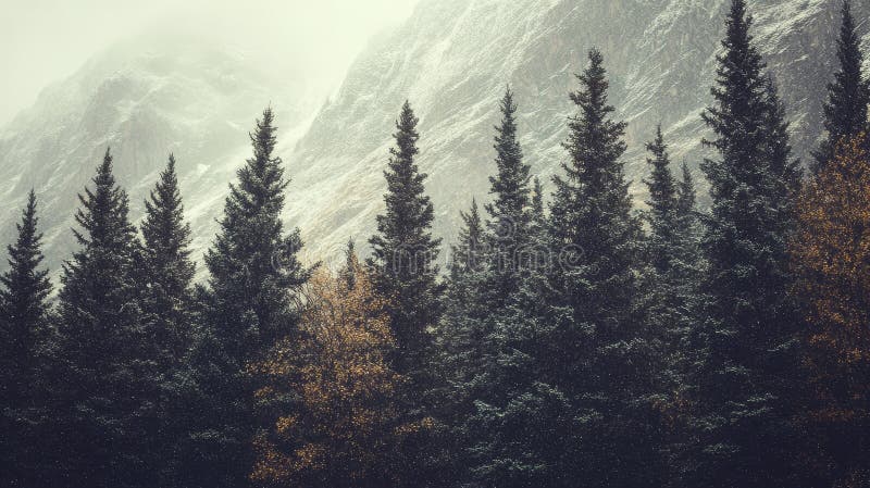 Snowy Peaks Adorn the Rugged Mountainside during Spring with Evergreen ...