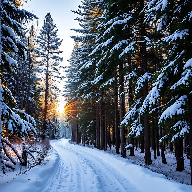 Snowy Pine Path in Canada with Morning Sun Stock Illustration ...