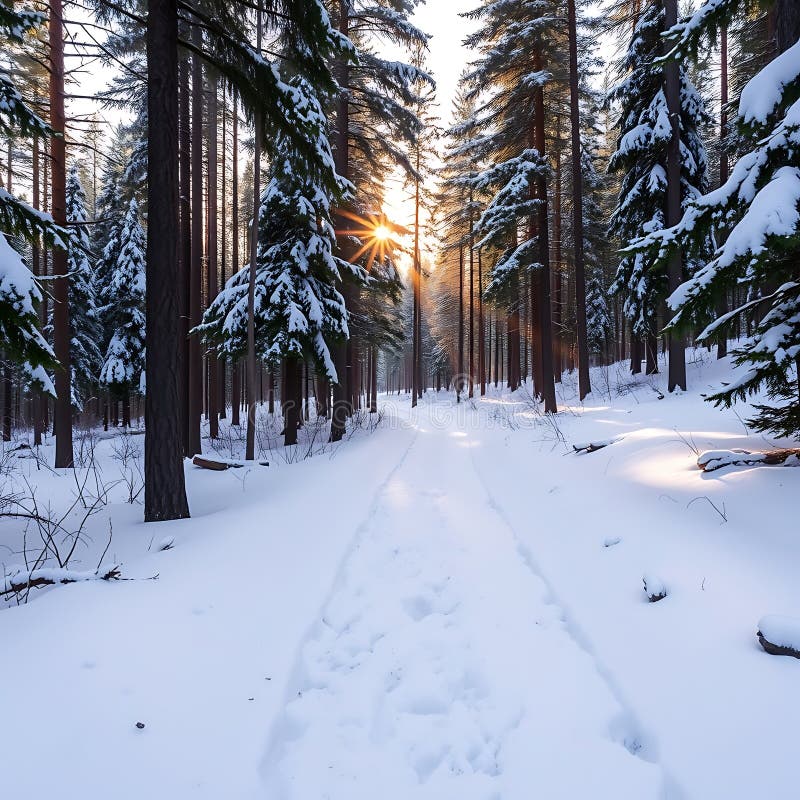 Snowy Pine Path in Canada with Morning Sun Stock Illustration ...