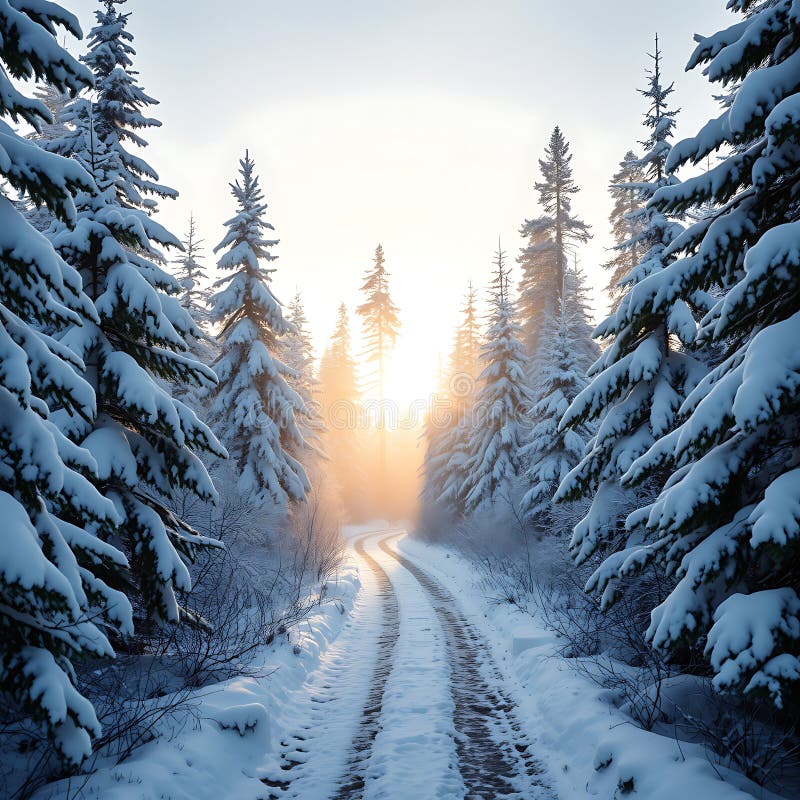 Snowy Pine Path in Canada with Morning Sun Stock Illustration ...