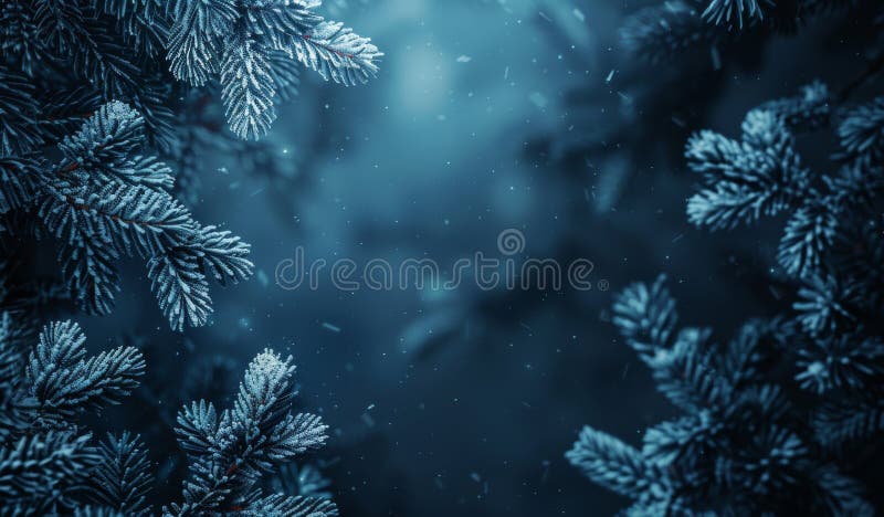 Snowy Pine Tree Branches in a Dark Blue Winter Forest Background Stock ...