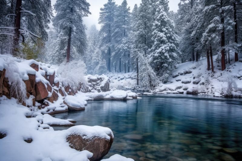 Snowy Pine Tree Branches Overhanging a Steaming Hot Spring Stock ...