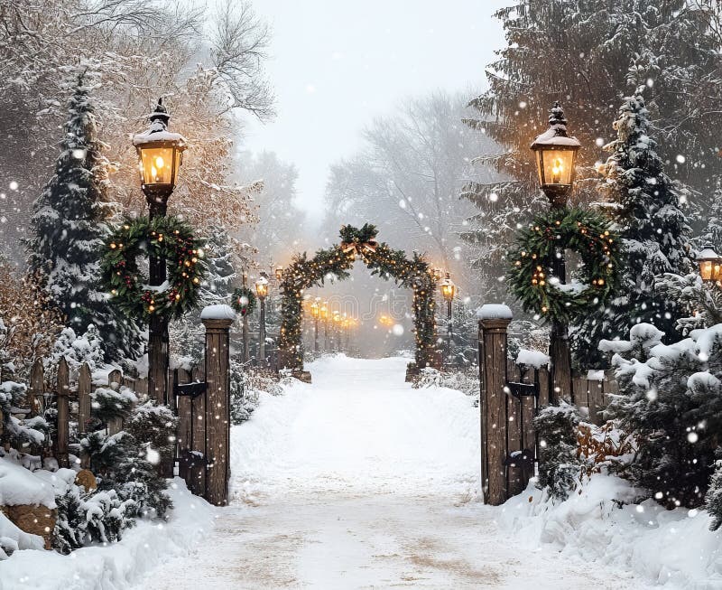 Snowy Pine Trees and Boho Christmas Scene Digital Backdrop Stock ...