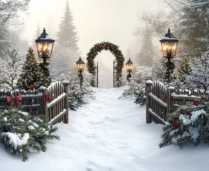 Snowy Pine Trees and Boho Christmas Scene Digital Backdrop Stock ...