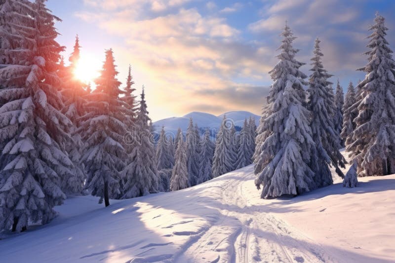 Snowy Pine Trees Lining a Ski Slope Stock Image - Image of generative ...