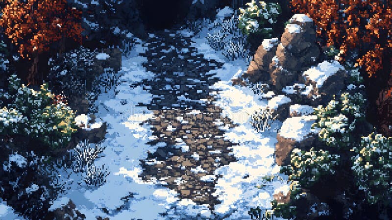 Snowy Pixel Art Landscape of a Stone Path through a Winter Forest on a ...