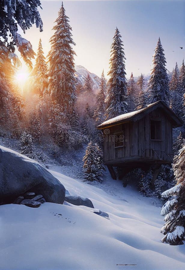 Snowy Place with a Small Hut and Trees Around Stock Photo - Image of ...