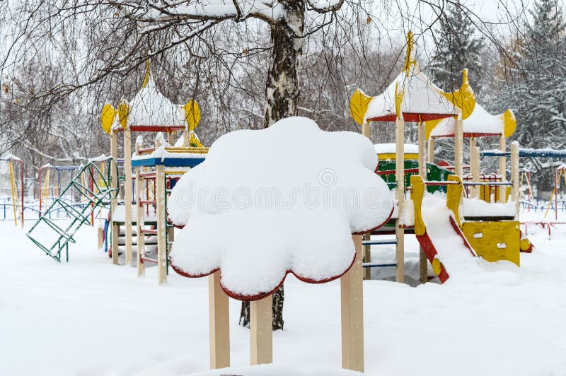 Snowy Playground between the Trees. Stock Image - Image of childhood ...