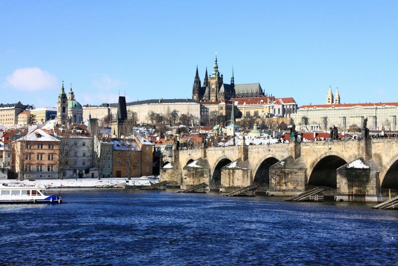 Snowy Prague Gothic Castle with Charles Bridge Stock Photo - Image of ...