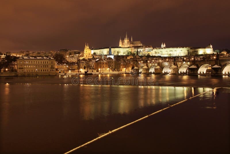 Snowy Prague Gothic Castle in the Night Stock Photo - Image of city ...