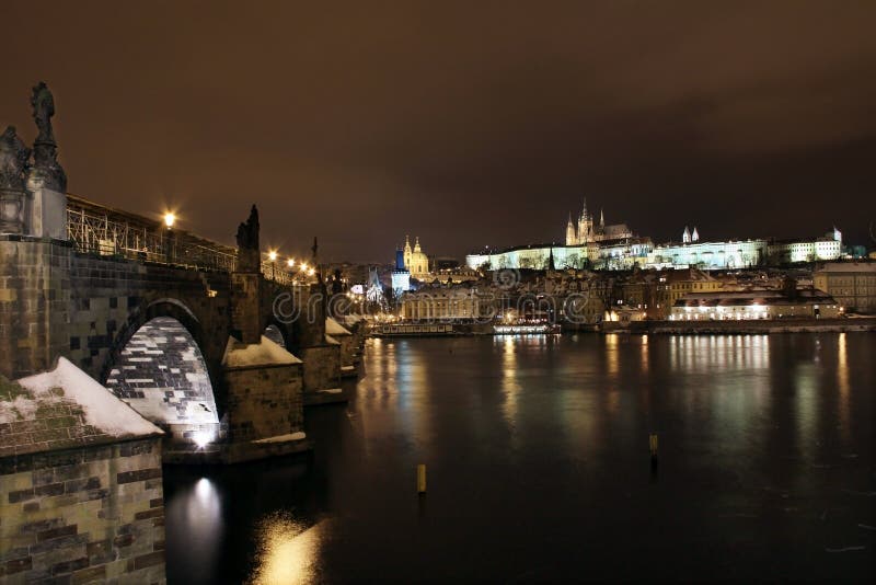 Snowy Prague Gothic Castle in the Night Stock Photo - Image of gothic ...