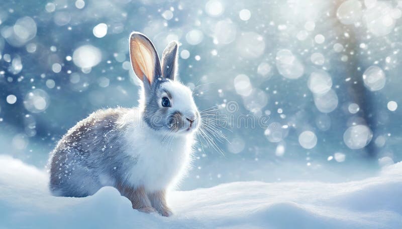 Snowy Rabbit Playtime. Rabbit Hopping in the Snow with a Backdrop of ...