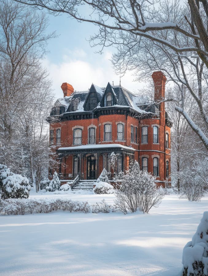 Snowy Red Brick House stock image. Image of building - 379438497