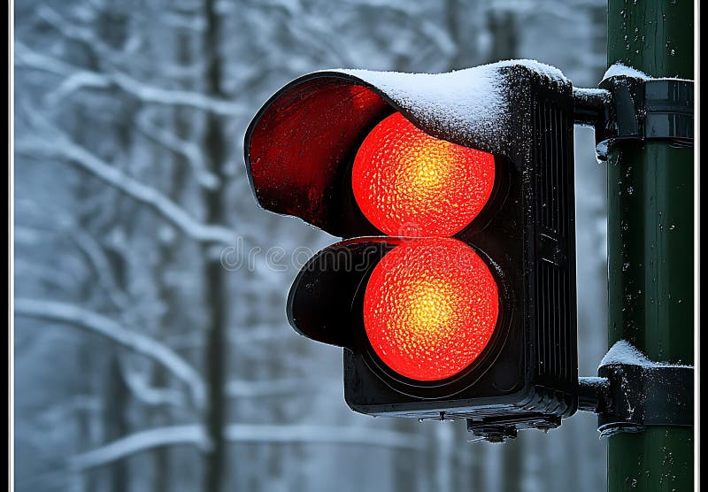 Snowy Red Traffic Light in Winter Forest Stock Image - Image of trees ...
