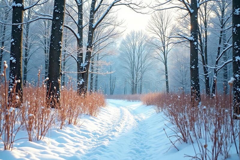 Snowy Reed Forest with Bare Branches and White Snowfall Cold Reed Stock ...