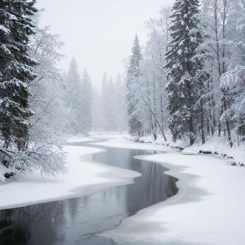 Snowy River Winding through a Frozen Forest Stock Illustration ...