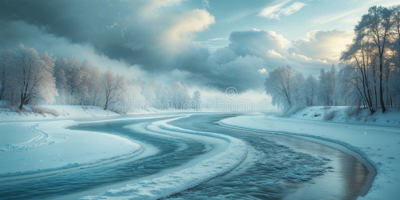 Snowy River Winding through Frozen Landscape Stock Photo - Image of ...