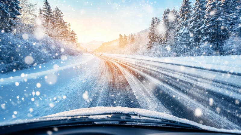 Snowy Road Ahead with Car Windshield and Falling Snow Stock ...