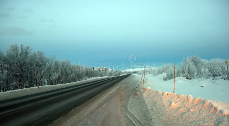 Snowy Road Behind the Polar Circle Stock Image - Image of field ...