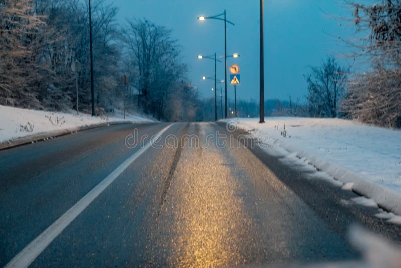 Snowy road in evening stock photo. Image of forest, evening - 22701874