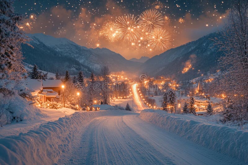 A Snowy Road with Fireworks Exploding in the Night Sky Stock Photo ...