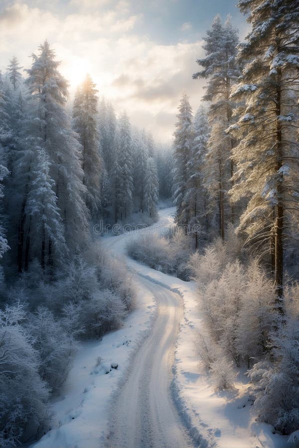 Snowy Road in the Forest at Sunset Beautiful Winter Landscape Stock ...