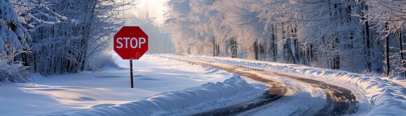 A Snowy Road with a Stop Sign and Trees on Either Side Stock ...