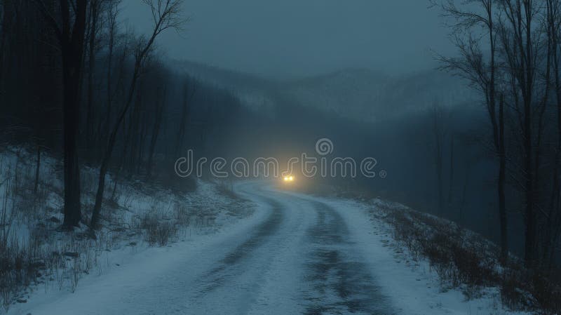 A Snowy Road Winding through a Foggy Forest at Night Stock Illustration ...