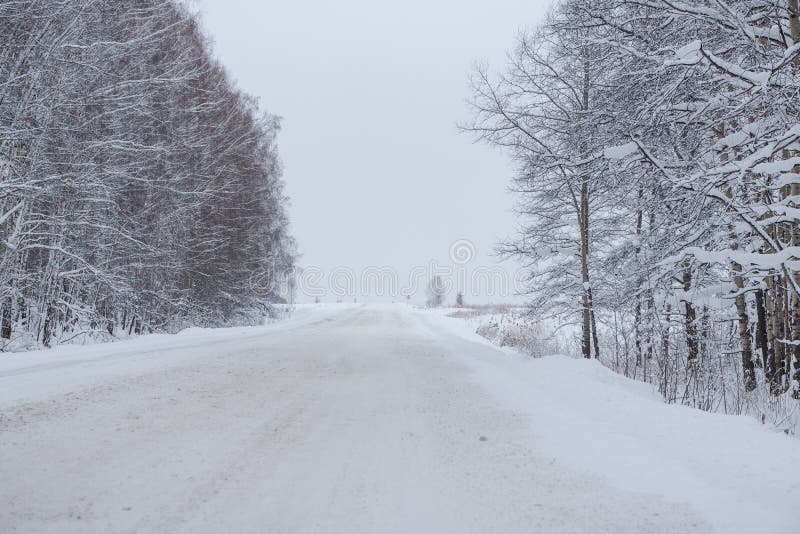 Snowy Road. Winter Road through the Forest Stock Photo - Image of ...