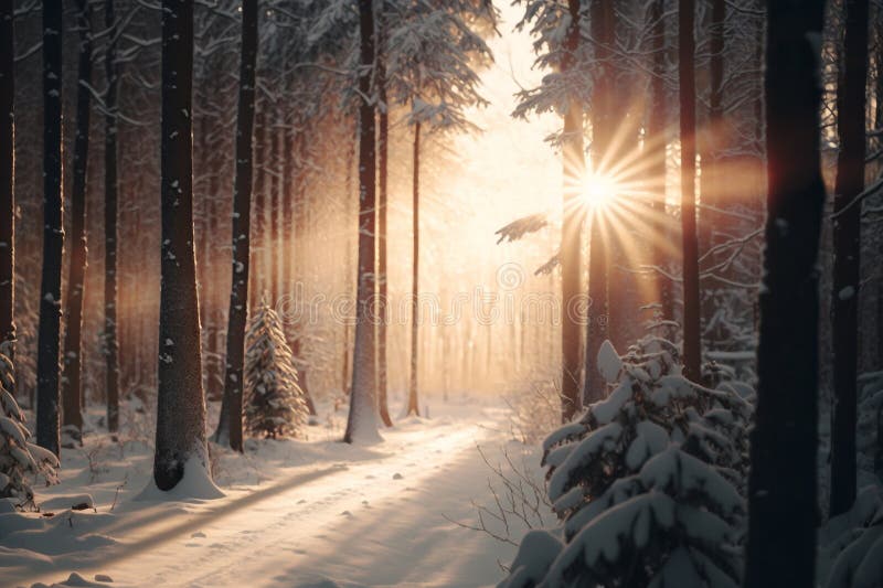 Snowy Road in Winter Forest with Sun Rays Generative AI Stock ...