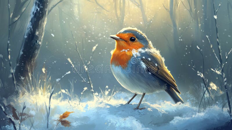 A Snowy Robin Perched in a Winter Forest Stock Illustration ...