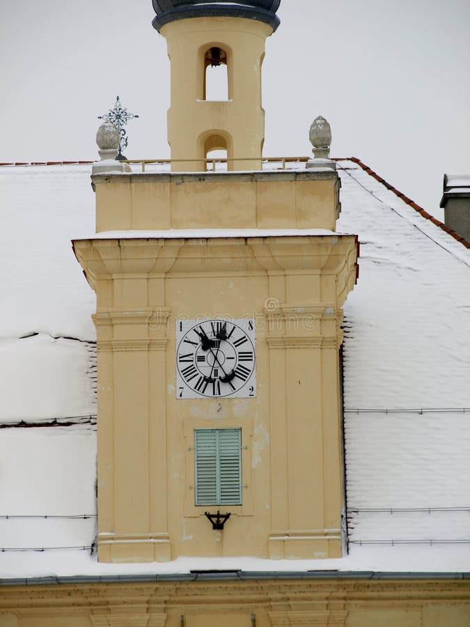 Snowy roof of the church stock photo. Image of bell, church - 44284140