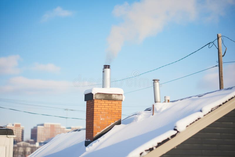 Snowy Rooftop with Chimney, Smoke Against Clear Blue Sky Stock ...