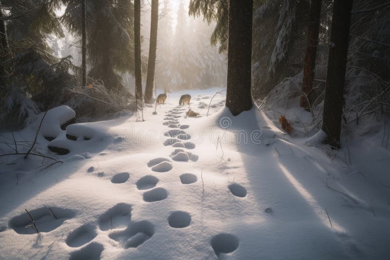 Snowy Scene, with Animal Tracks Leading the Way through Forest Stock ...