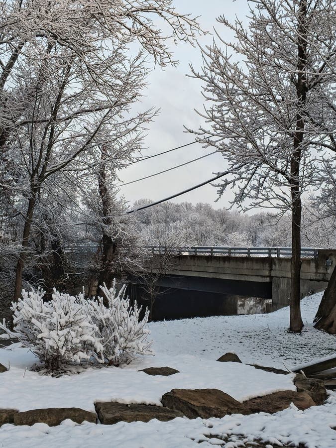 Snowy scene with bridge stock photo. Image of covers - 113588398